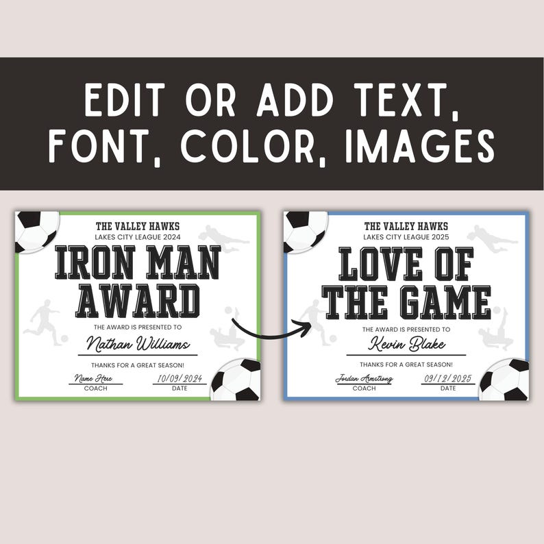 120 Editable Soccer Award Certificates, Soccer Team Awards, End of ...