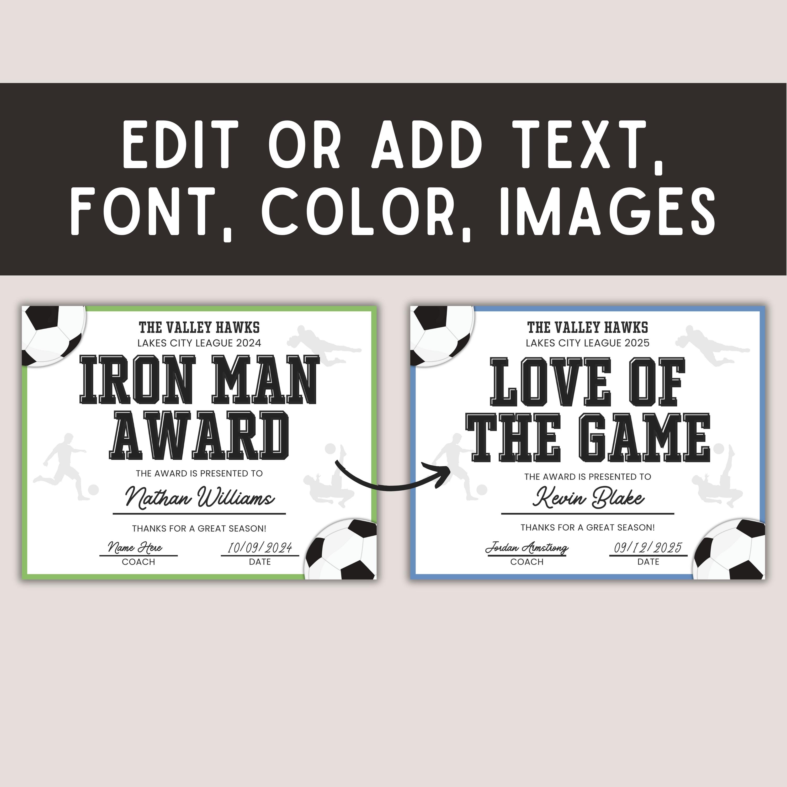 120 Editable Soccer Award Certificates, Soccer Team Awards, End of ...