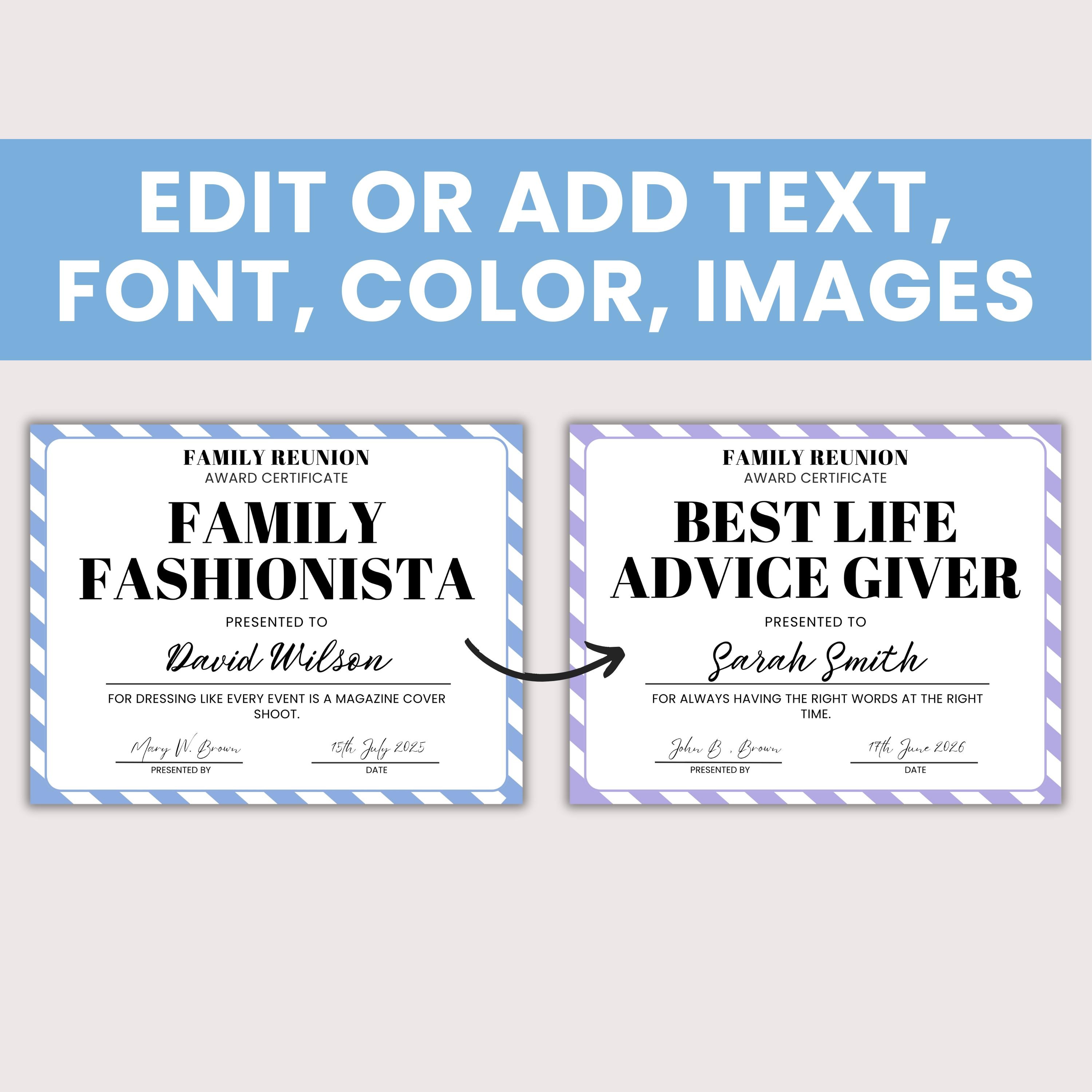 Family Reunion Awards: 170 Editable Printable Certificates (CANVA ...