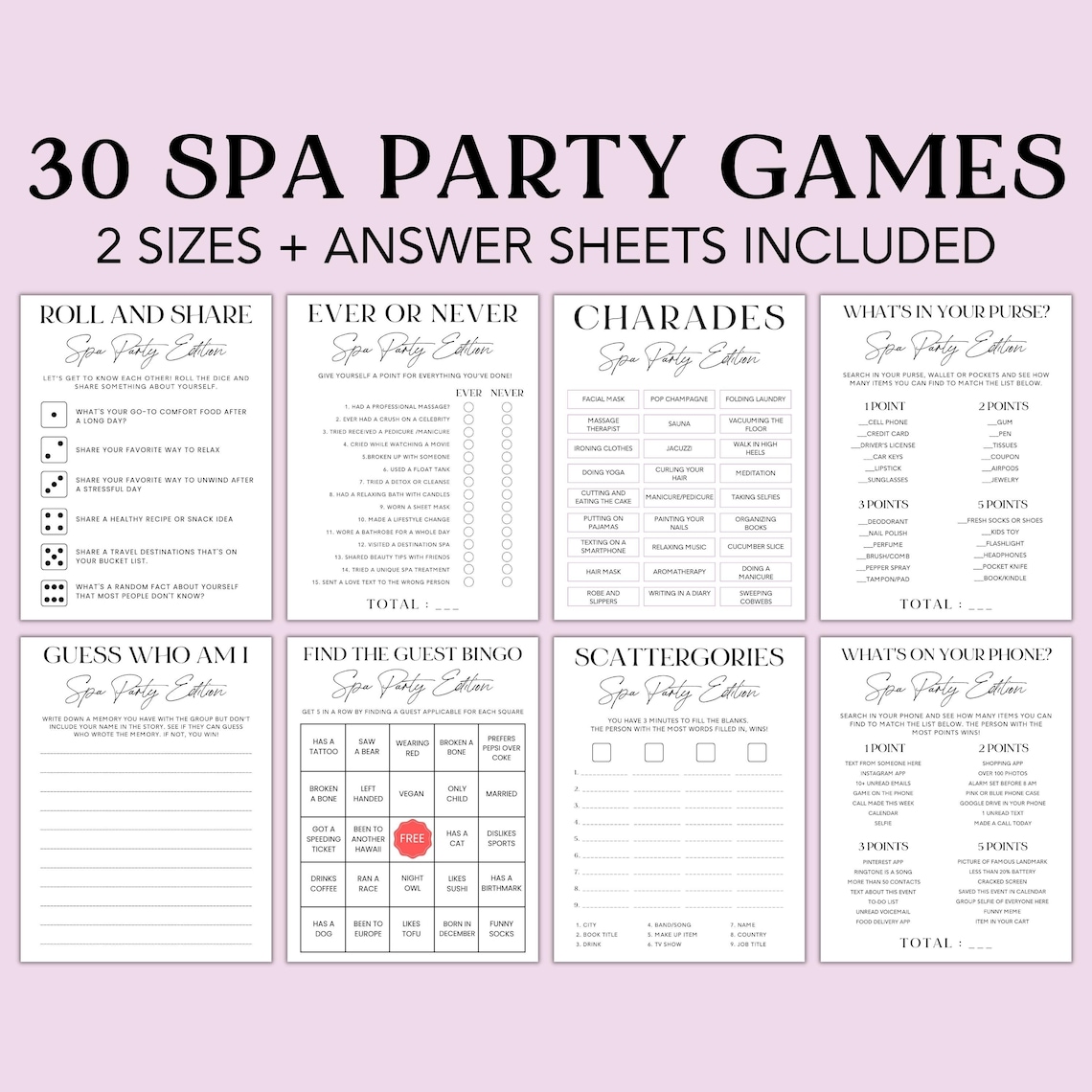 Spa Party Games Bundle: 30 Printable Sleepover Activities (editable ...