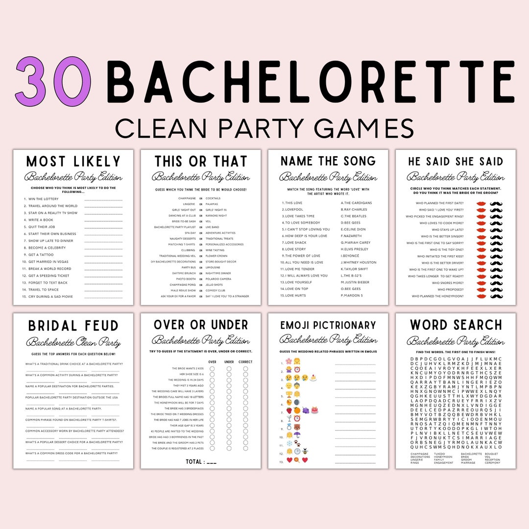 Clean Bachelorette Games Bundle, Bachelorette Party Games, Canva Template, Editable Modern ...