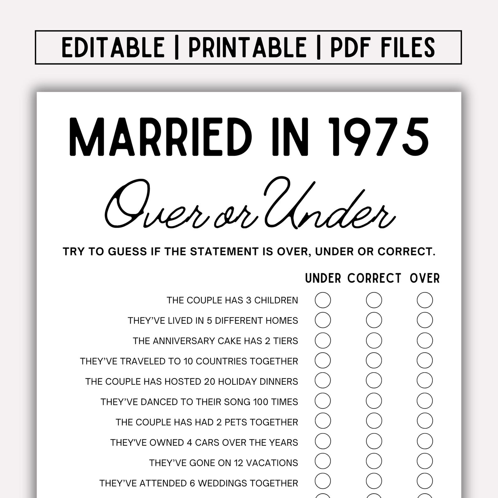 50th Anniversary Games Bundle, Married in 1975 Games, 50th Wedding ...