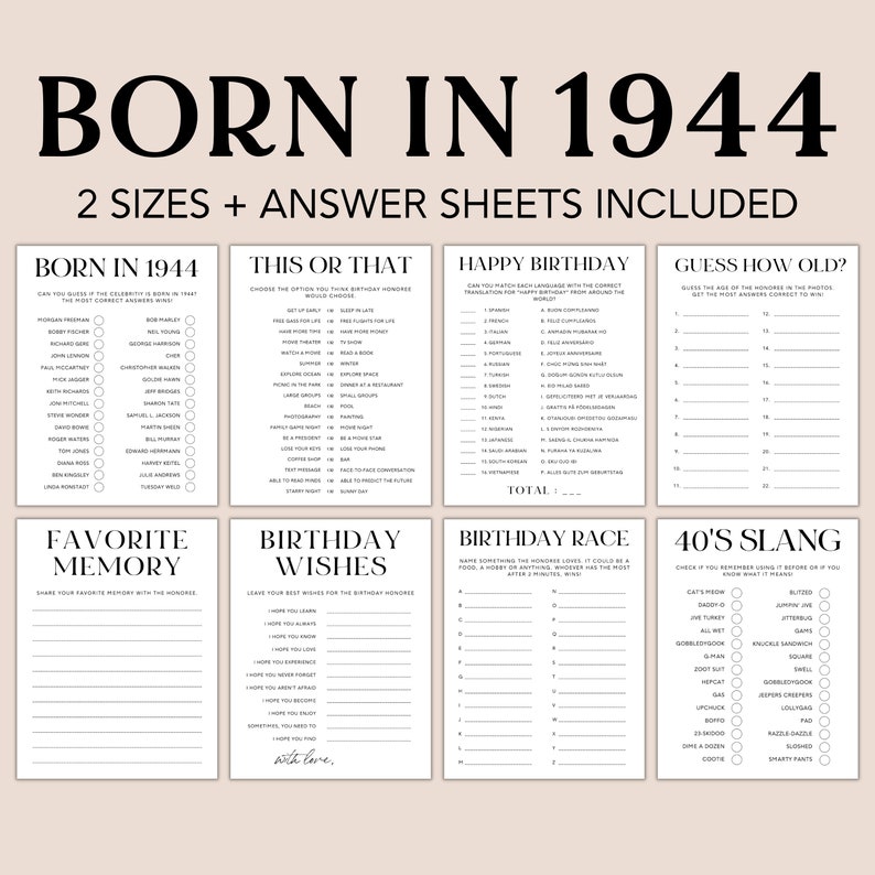 80th Birthday Games Bundle, 1944 Birthday Games, 80th Birthday Party ...