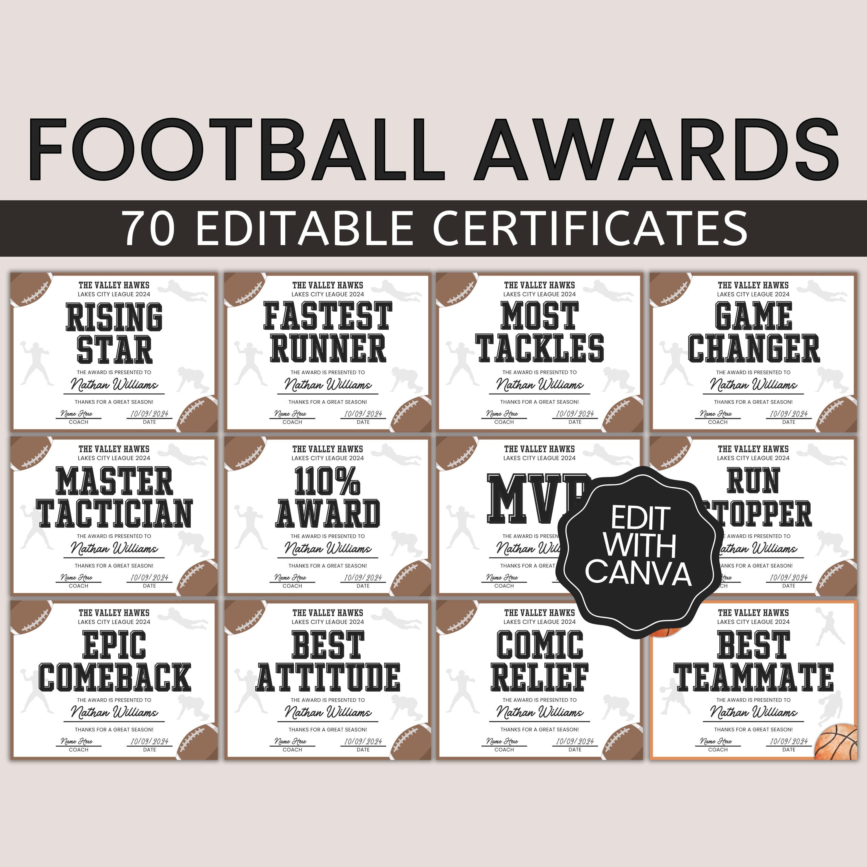 Editable Football Award Certificates, American Football Team Awards ...