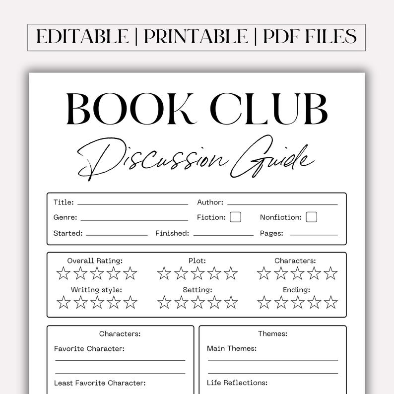 Editable Book Club Discussion Guide, Book Review Guide, Book Club ...