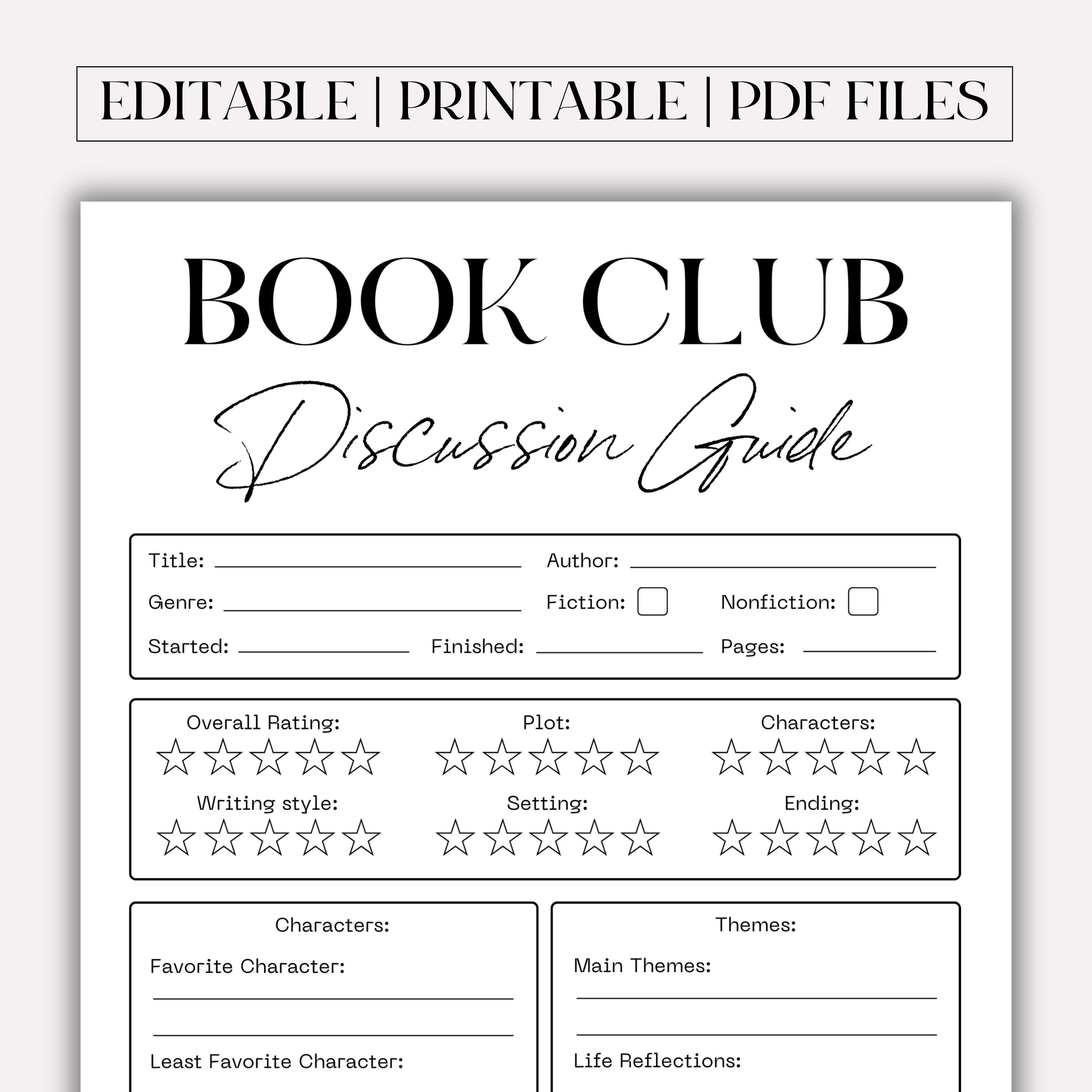 Editable Book Club Discussion Guide, Book Review Guide, Book Club ...