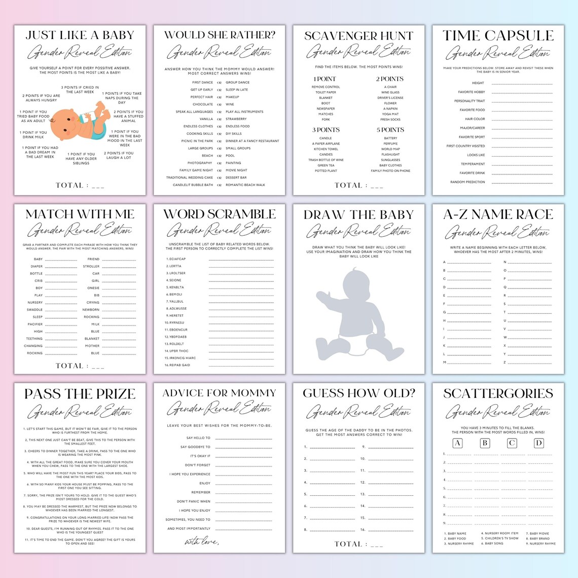 Gender Reveal Games Bundle: 50 Party Games, Old Wives Tales (canva ...