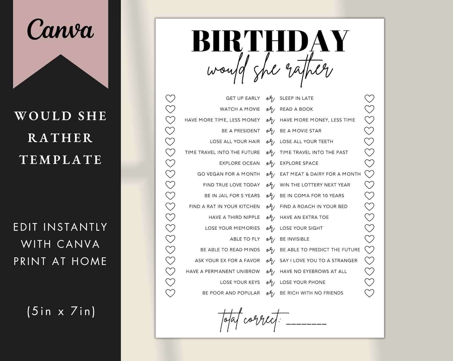 Birthday 'would She Rather' Game: Canva Template (5x7" Digital Download ...