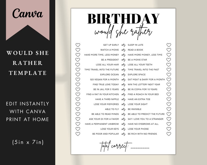 Birthday 'would She Rather' Game: Canva Template (5x7" Digital Download ...