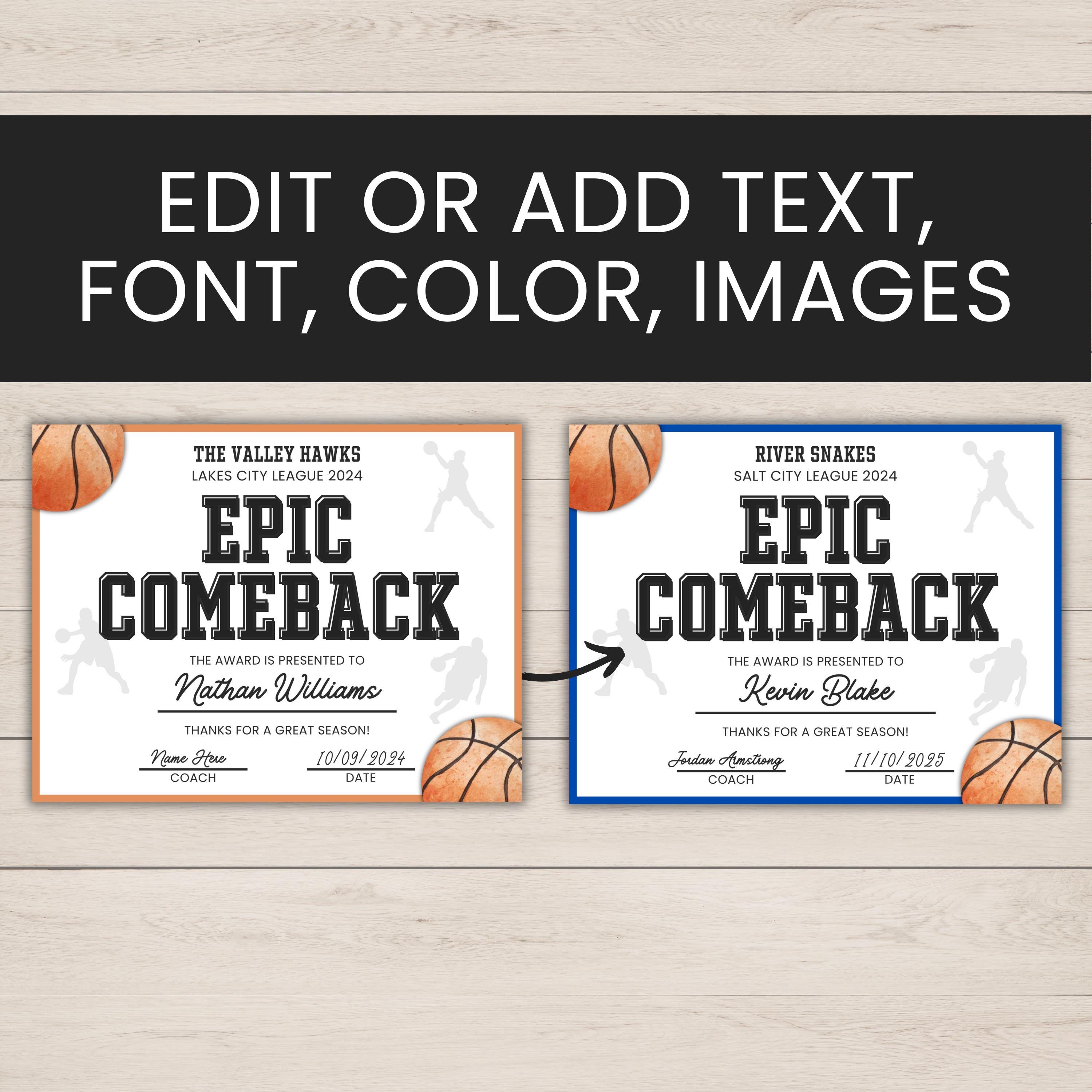 Editable Basketball Award Certificates, Basketball Team Awards, End of ...