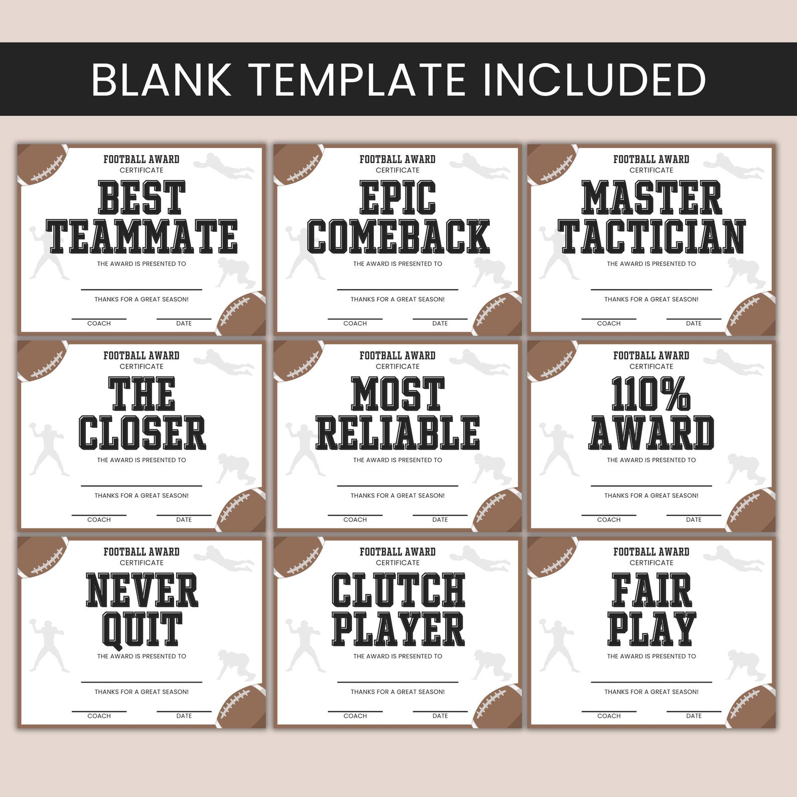 Editable Football Award Certificates, American Football Team Awards ...