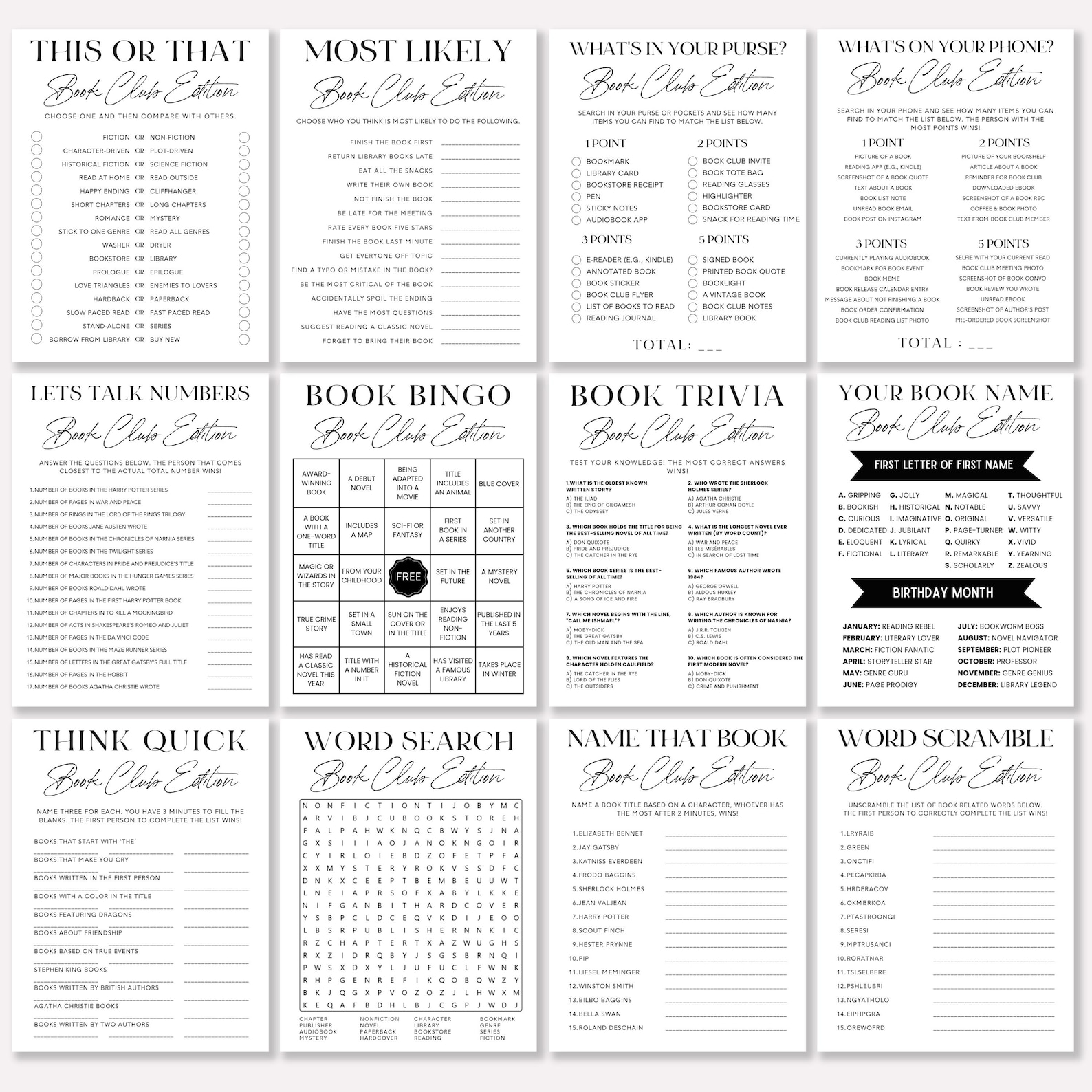 Book Club Games, Book Club Icebreakers, Book Club Activity, Printable ...