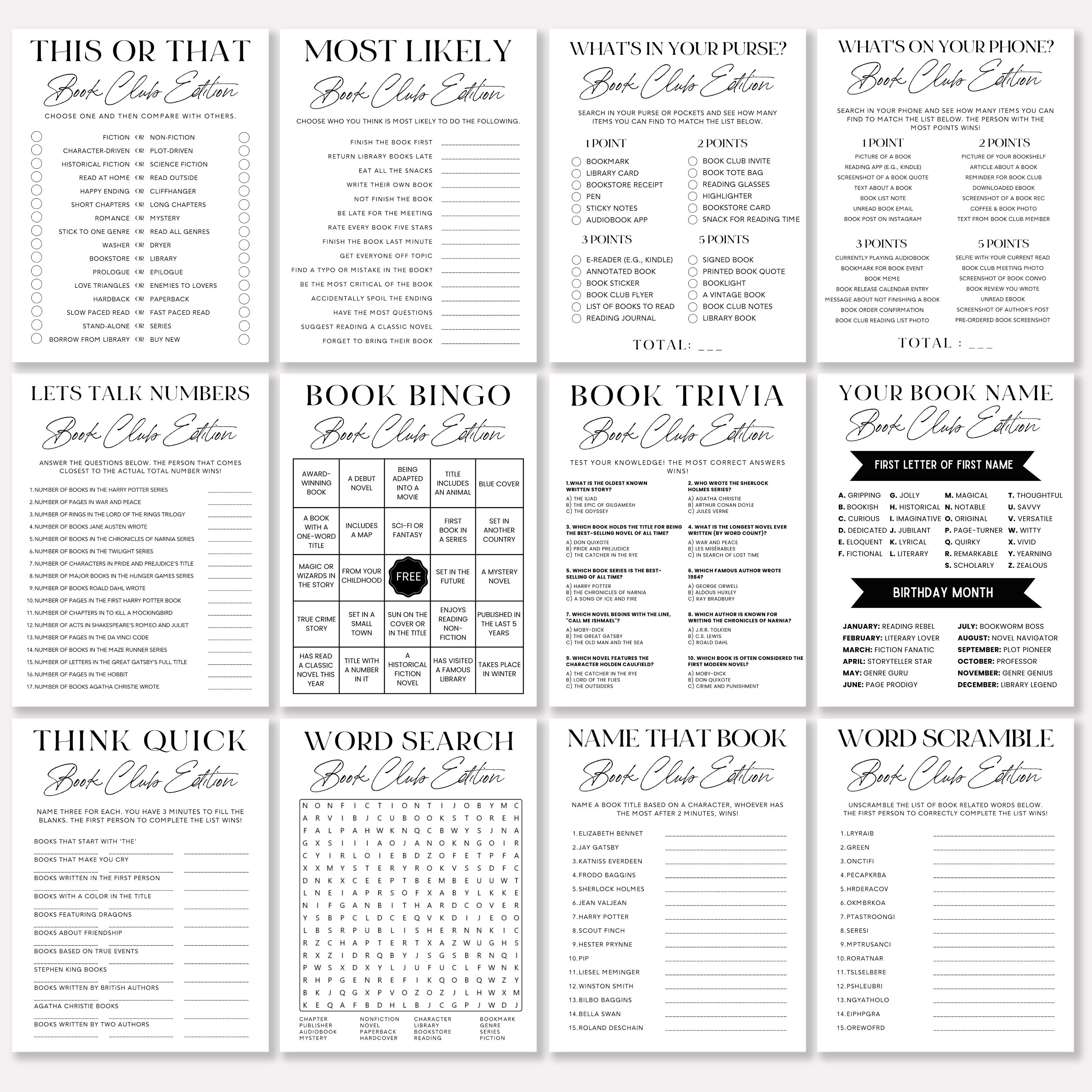 Book Club Games, Book Club Icebreakers, Book Club Activity, Printable ...