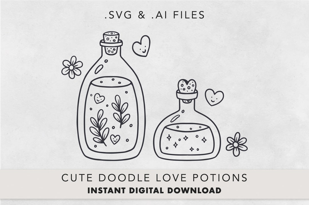 Cute Doodle Love Potion Bottles, Heart Smiley & Vines, Hand Drawn ...