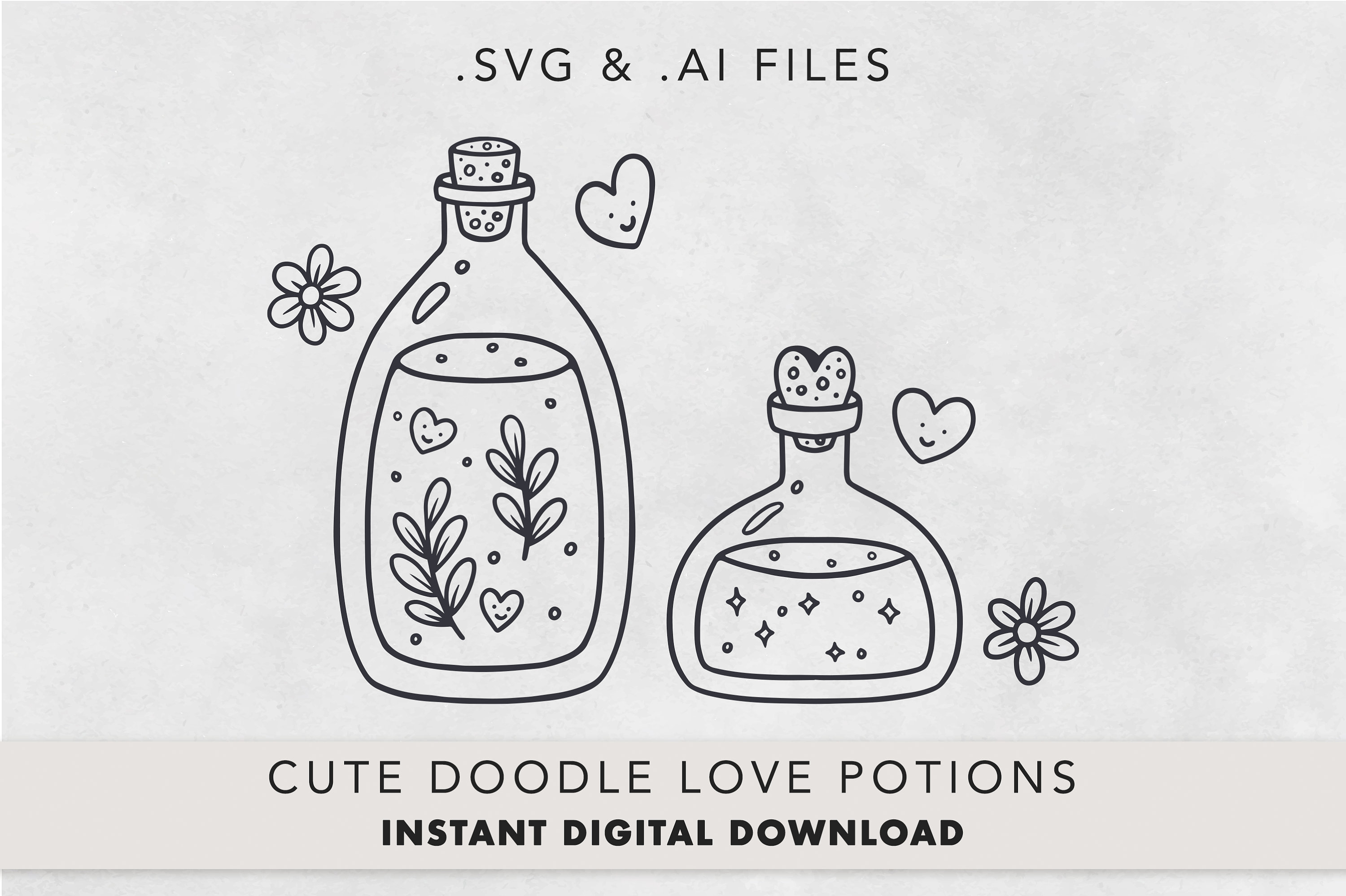 Cute Doodle Love Potion Bottles, Heart Smiley & Vines, Hand Drawn Potions, SVG/AI File, Instant ...
