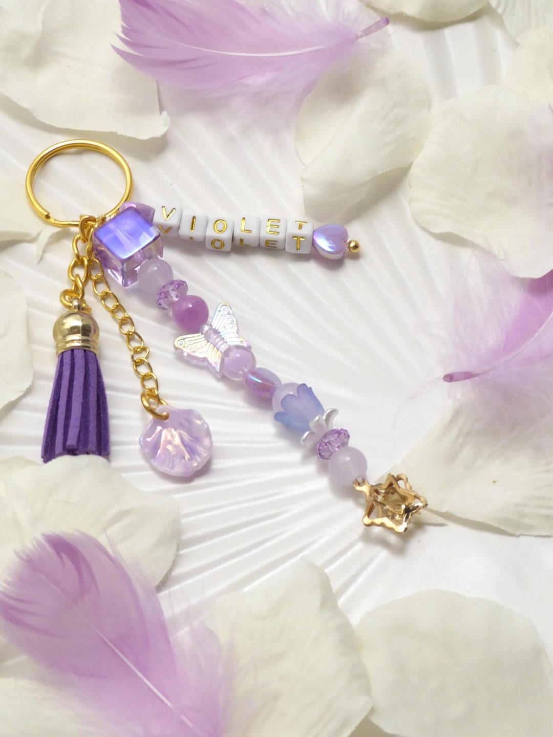 Custom Purple Beaded Keychain - Personalised Keychain - Purple Keyring ...