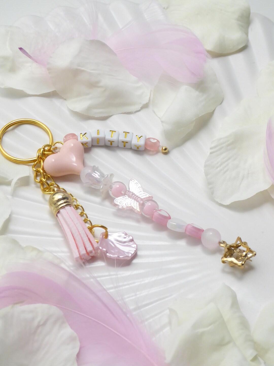 Custom Pink Beaded Keychain - Personalised Keychain - Pink Keyring ...