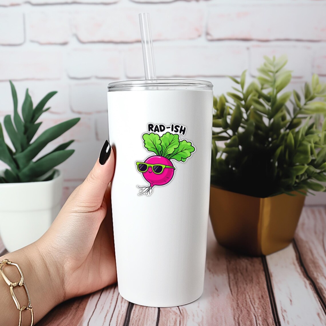 Rad-ish Sticker Funny Vegetable Pun Vinyl Sticker Cute Radish Wearing ...