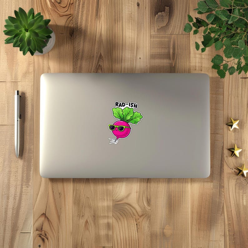 Rad-ish Sticker Funny Vegetable Pun Vinyl Sticker Cute Radish Wearing ...