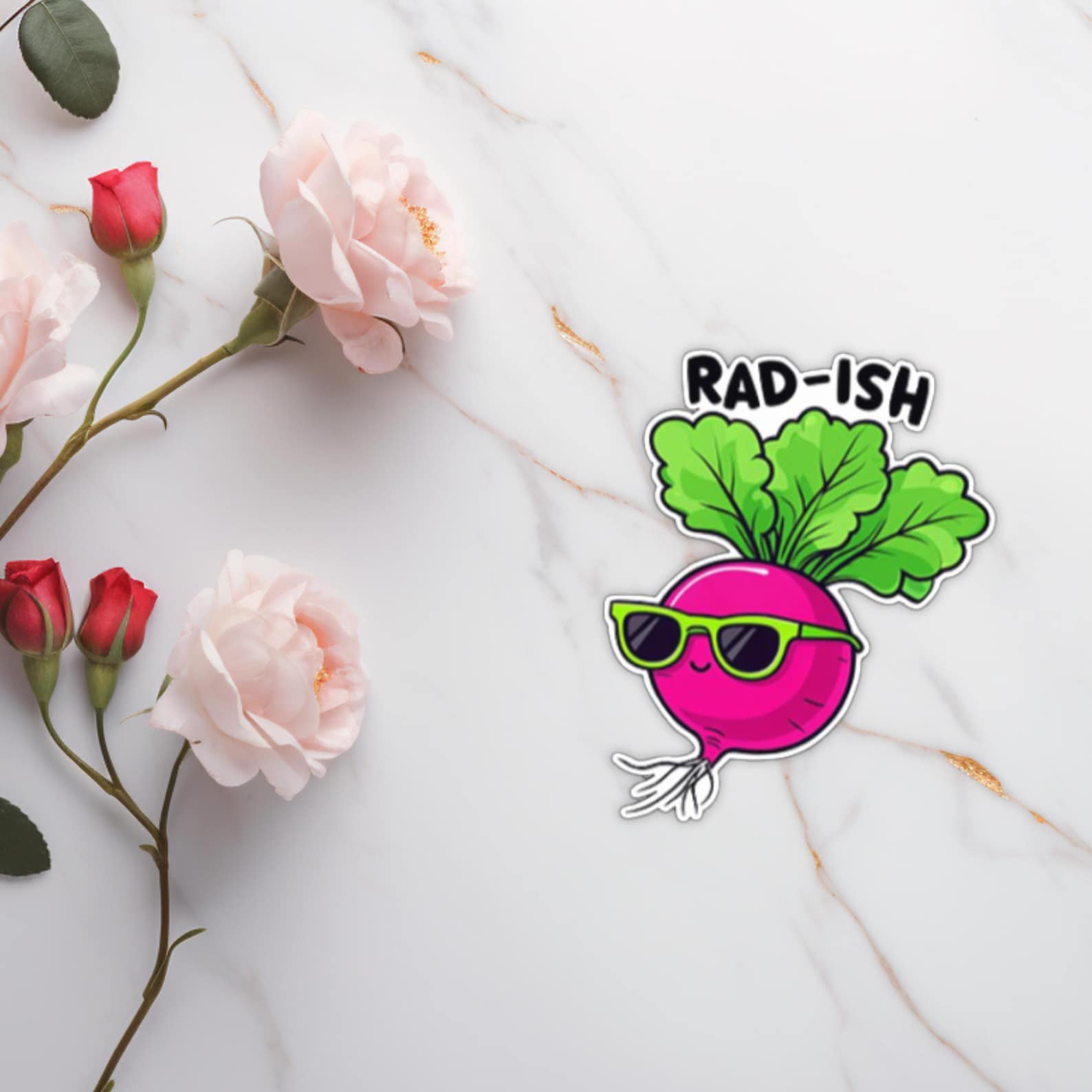 Rad-ish Sticker Funny Vegetable Pun Vinyl Sticker Cute Radish Wearing ...