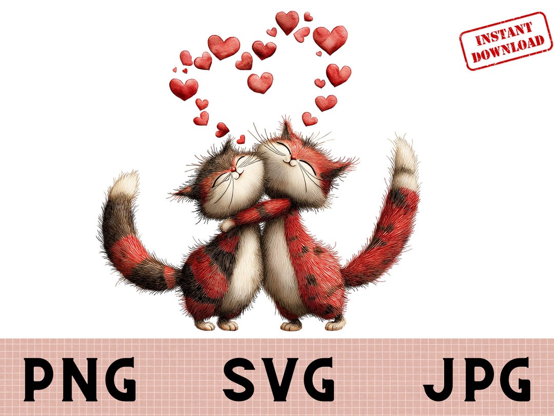 Valentine Cats Clip Art, Red Hearts, Woodland Animals (PNG, SVG, JPG ...