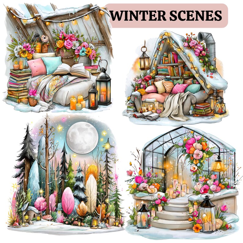 Cozy Winter Watercolor Clipart Bundle, Whimsical Scenes, Animals ...