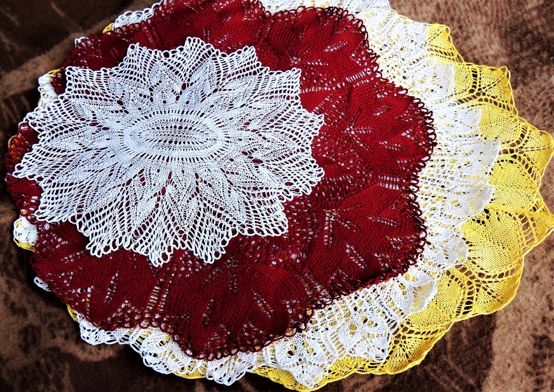 Hand Knitted Doily With Needles in Cotton Yarn - Merlot White Yellow ...