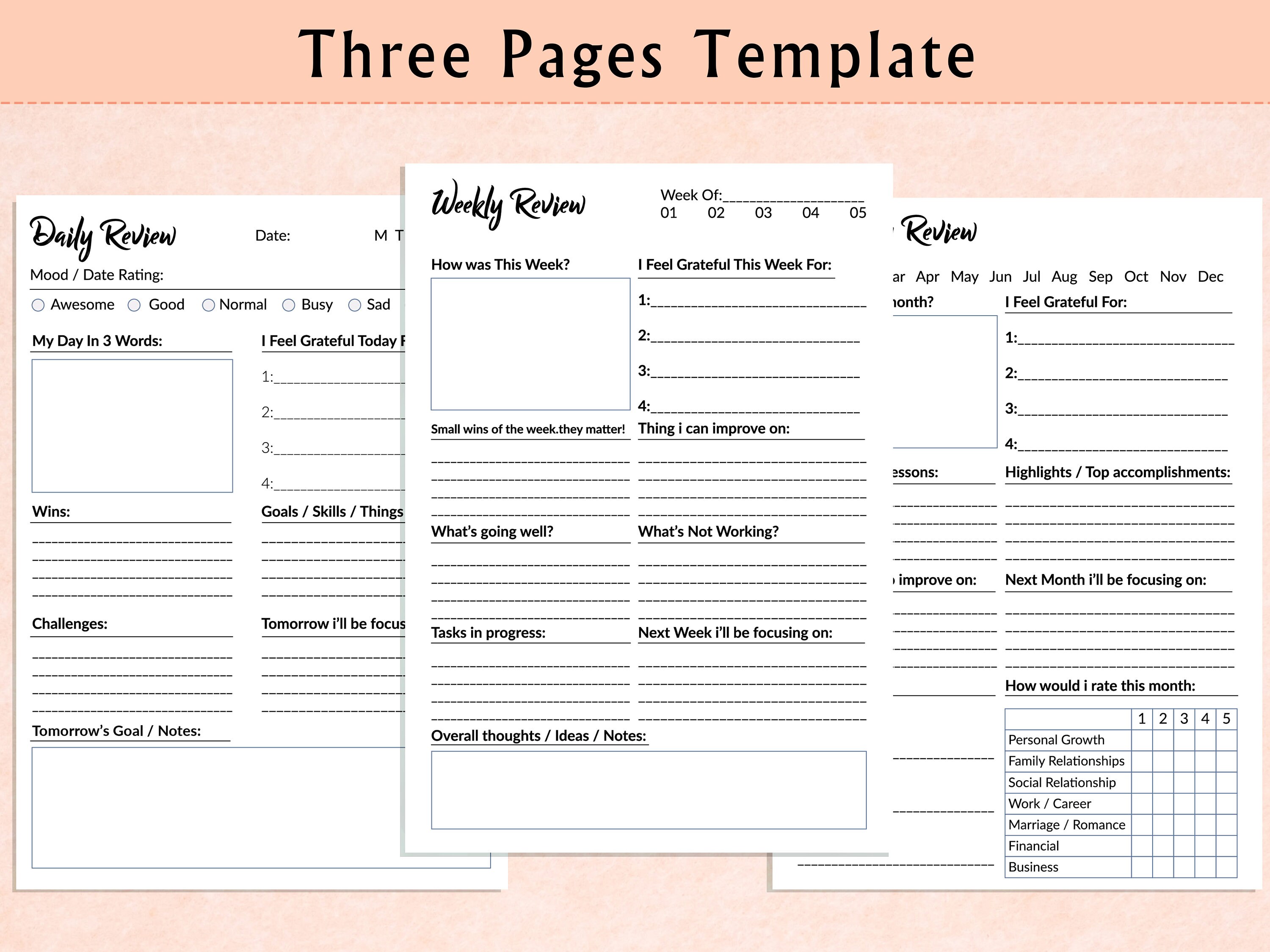 Printable Daily Review, Weekly Review Journal, Monthly Review Worksheet ...
