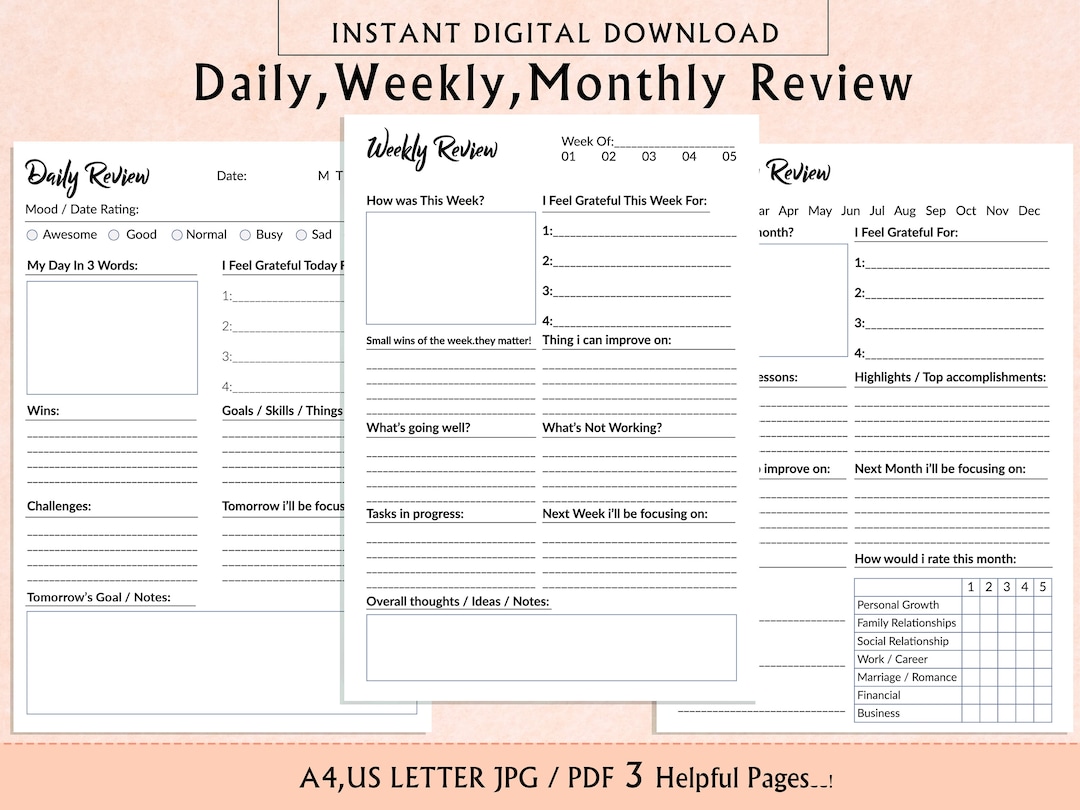Printable Daily Review, Weekly Review Journal, Monthly Review Worksheet ...