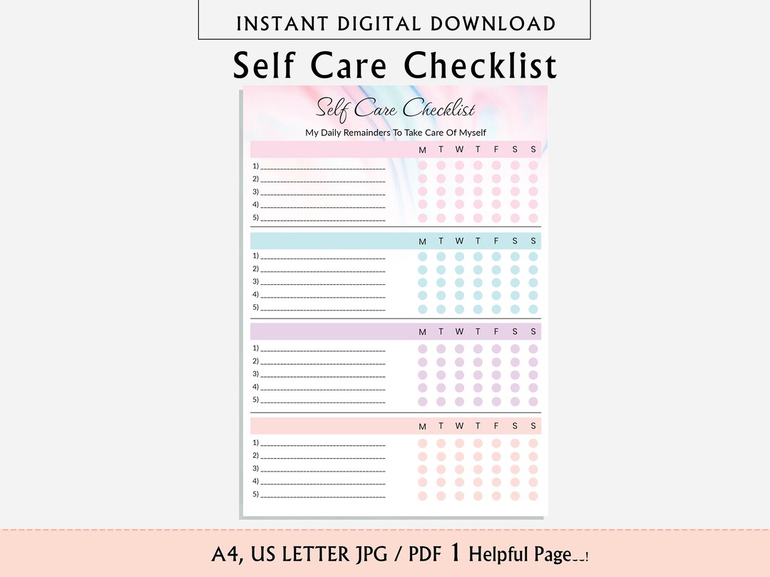 Printable Self Care Checklist, Self Care Journal, Mental Health ...