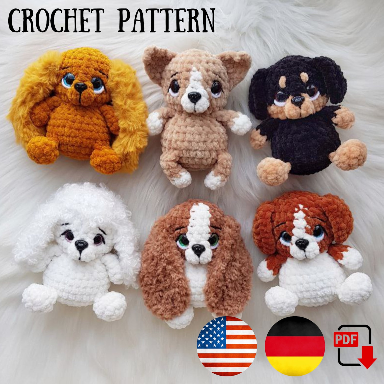 Crochet Pattern Mini Puppies : Spaniel, Chihuahua, Beagle, Rottweiler ...