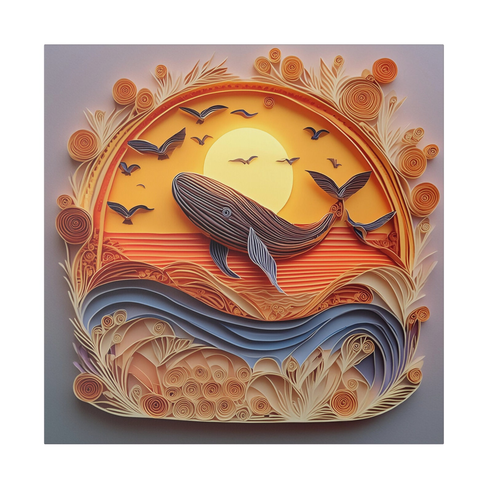 Quilling Wall Art of Whale Over an Ocean Sunrise Nature Inspired Canvas ...