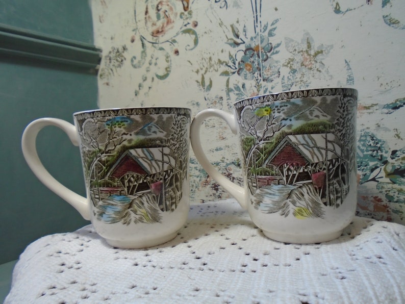 Pair of Johnson Brothers the Friendly Village the Covered Bridge Pattern Mugs - Etsy
