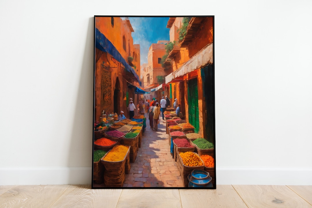 Vintage Oil Painting of an Old Moroccan Market, Moroccan Wall Art ...
