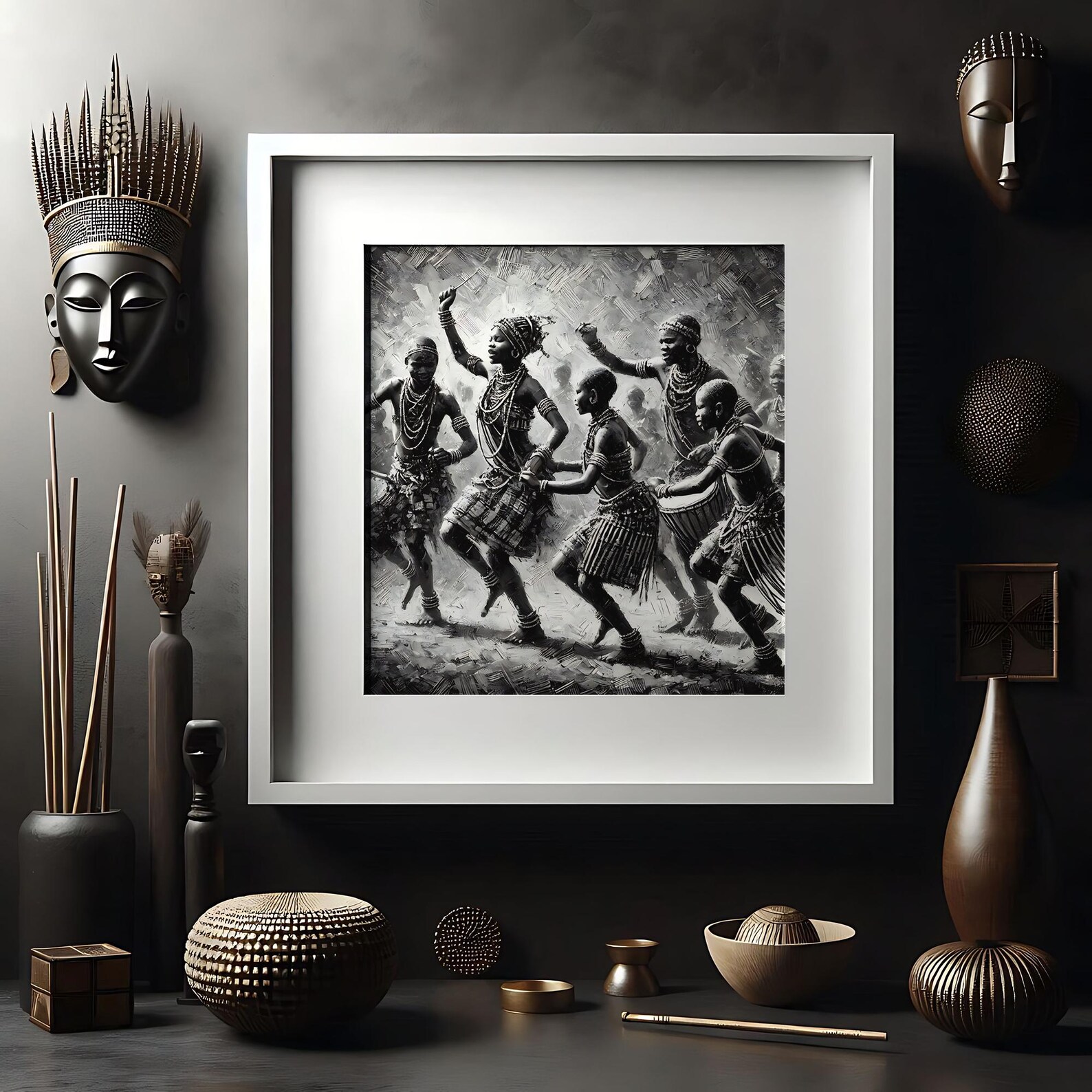 Tribal African Dance Scene, Traditional Drumming, Black and White ...