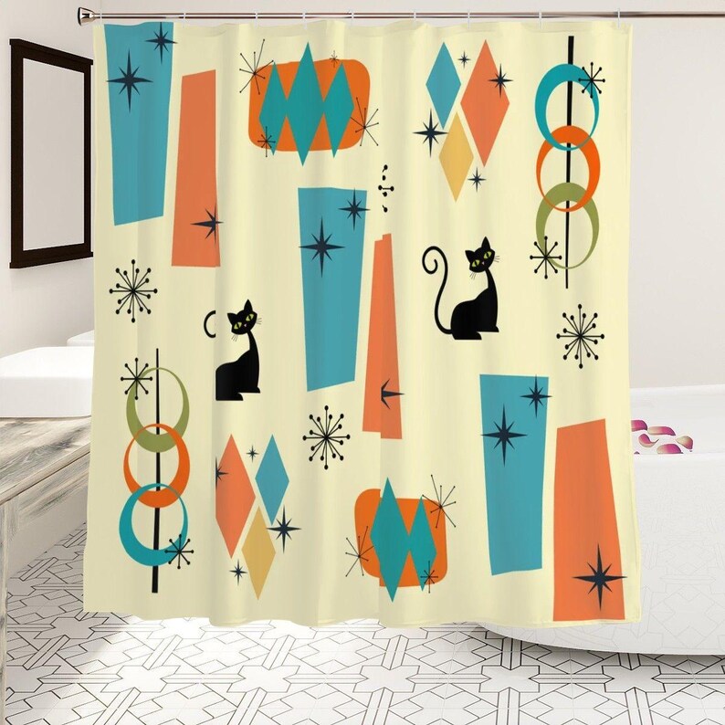 Mid-century Retro 70s Black Cat Shower Curtain – 72x72 Vintage ...