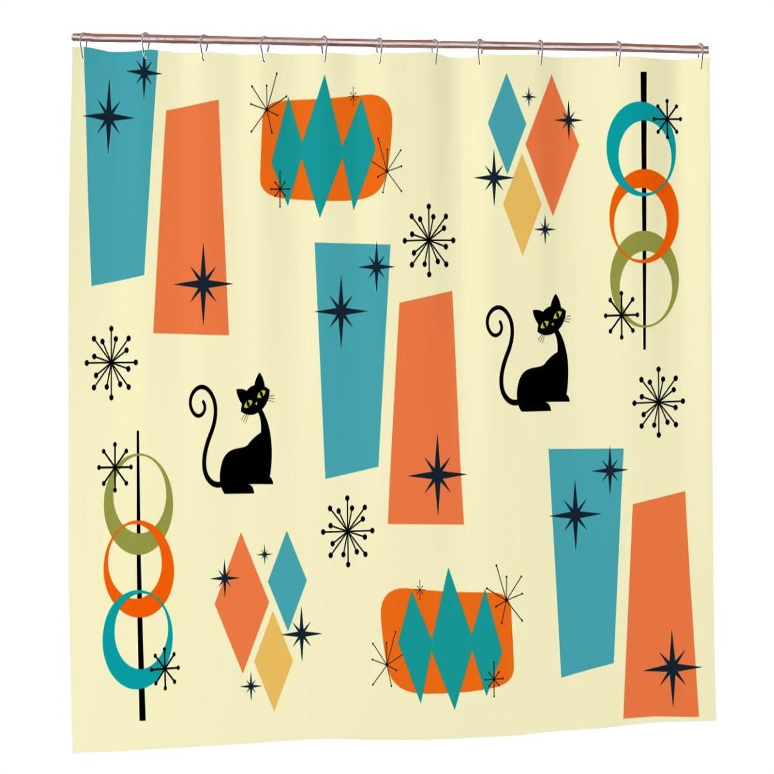 Mid-century Retro 70s Black Cat Shower Curtain – 72x72 Vintage ...