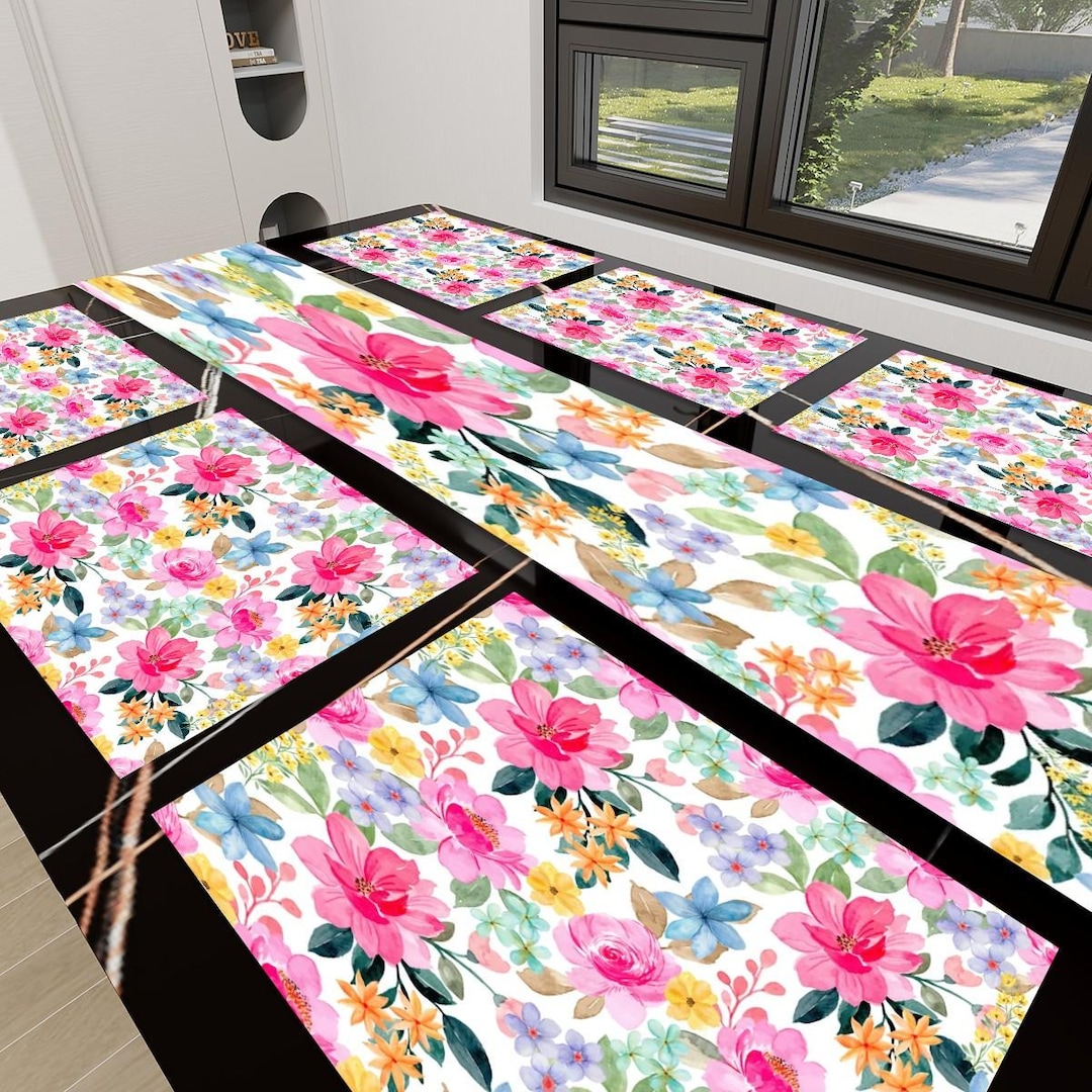 Pretty Colorful Floral 7 Piece Set- 6 Placemats & Table Runner Set ...