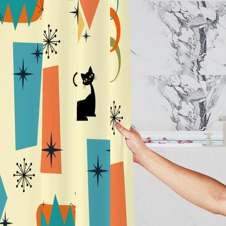 Mid-century Retro 70s Black Cat Shower Curtain – 72x72 Vintage ...