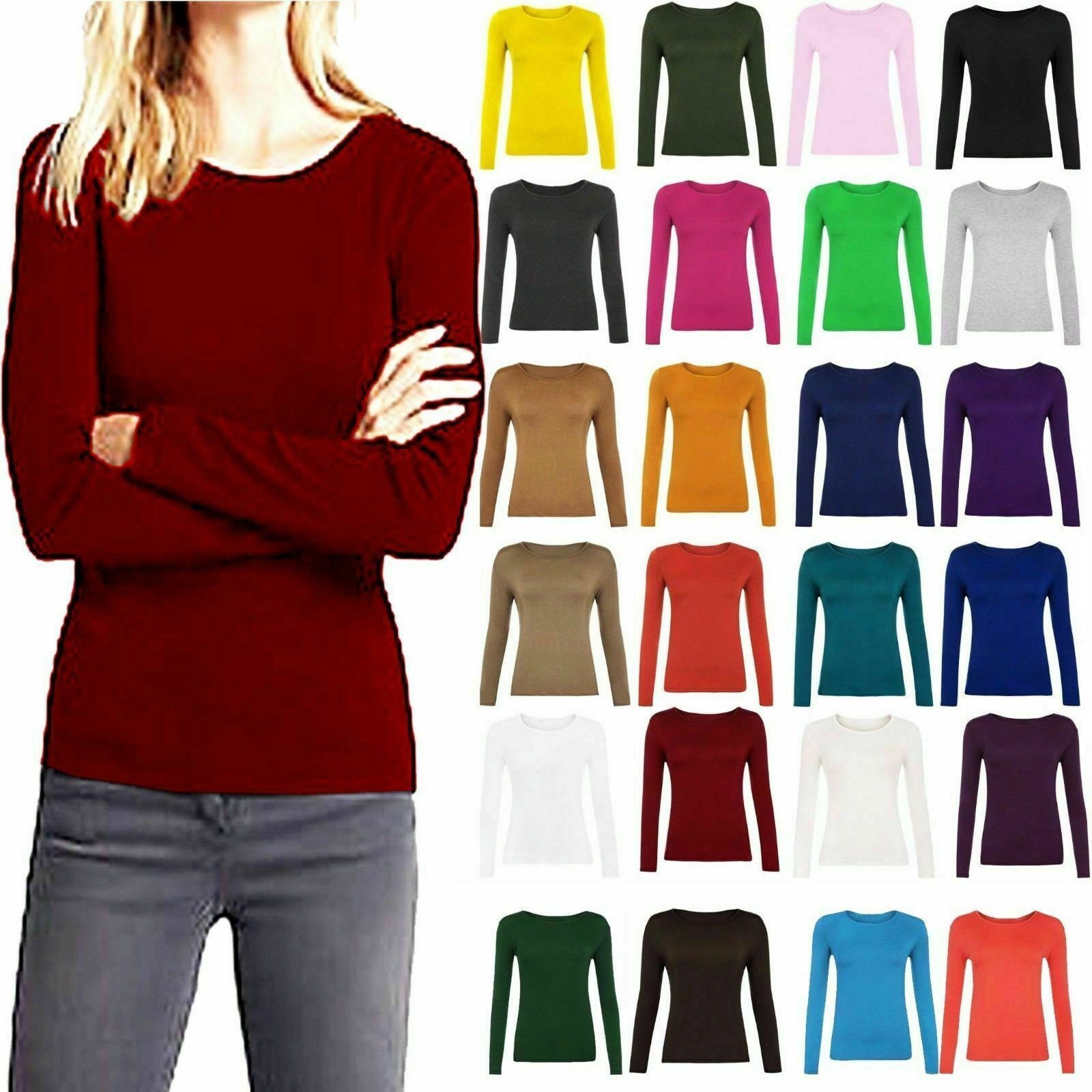 Women T Shirt Ladies Plain Long Sleeve Round Scoop Neck T - Etsy UK
