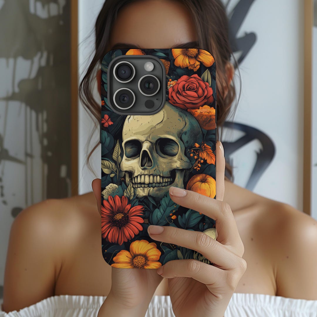 Skull Flowers iPhone 16 15 14 13 12 Pro Max Case Tough Cases Trendy ...