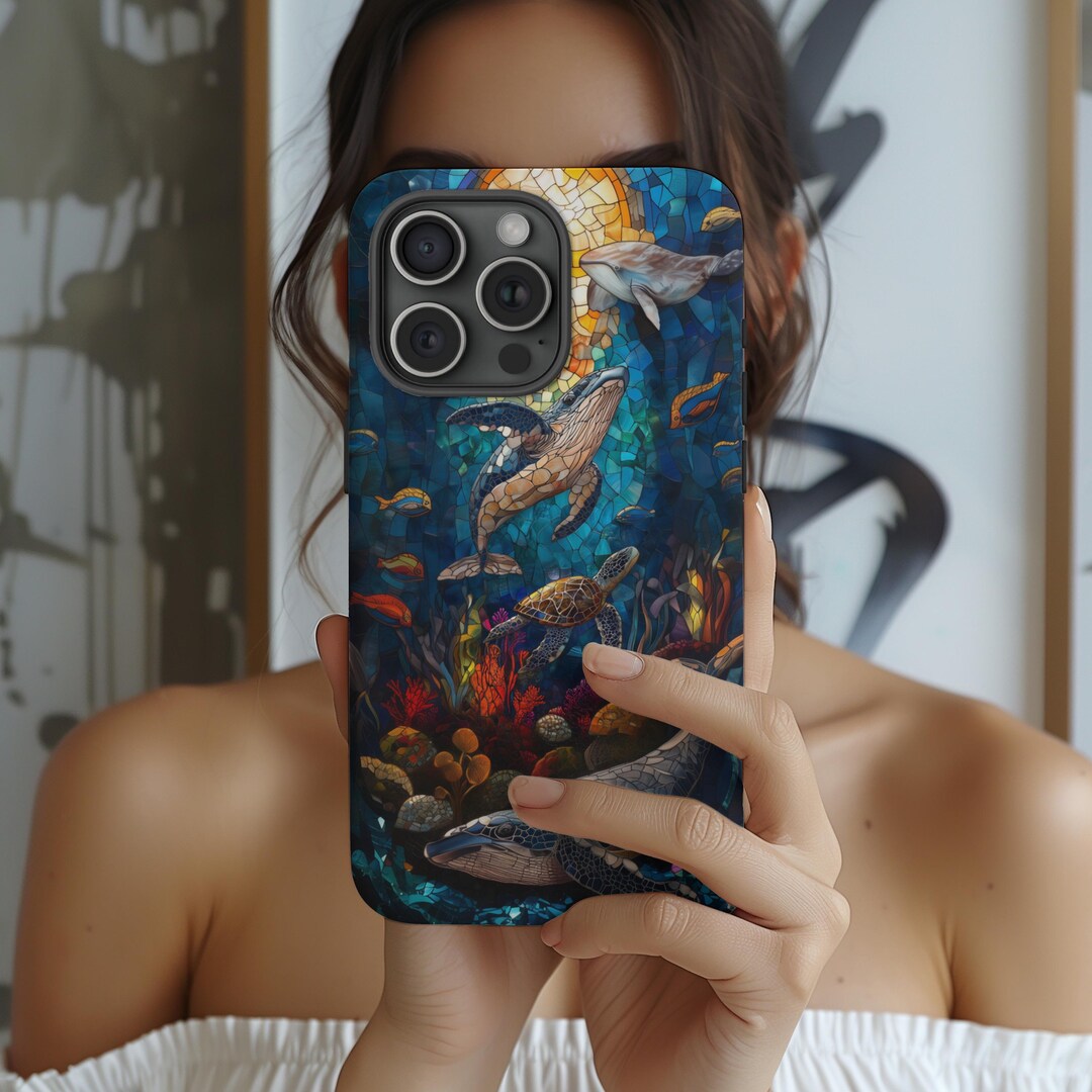 Whale Marine Sea Turquoise Stained Glass Effect iPhone 16 15 14 13 12 ...
