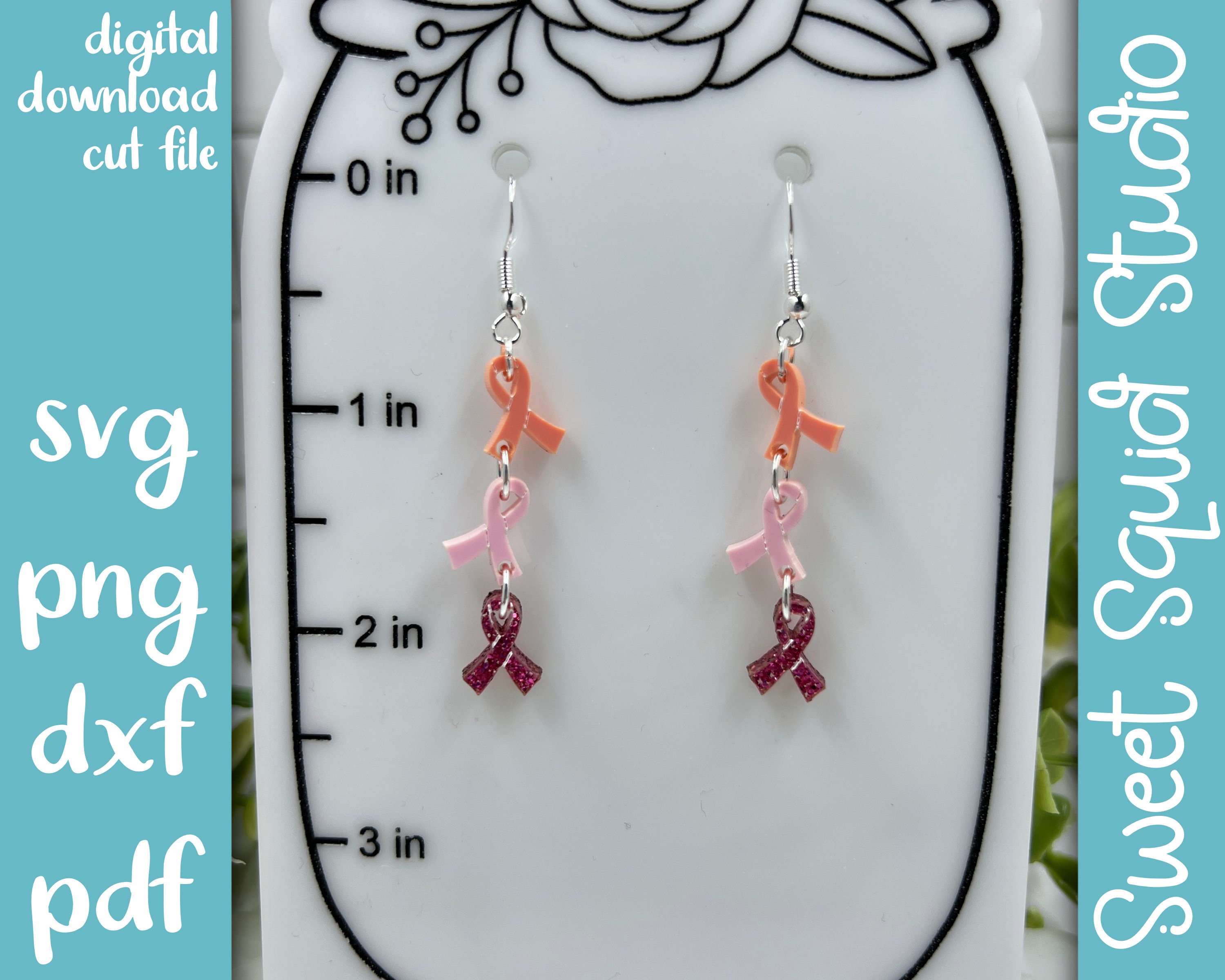 Pink Ribbon Chain Dangle Earrings SVG PNG DXF Pdf File | Laser Cut ...