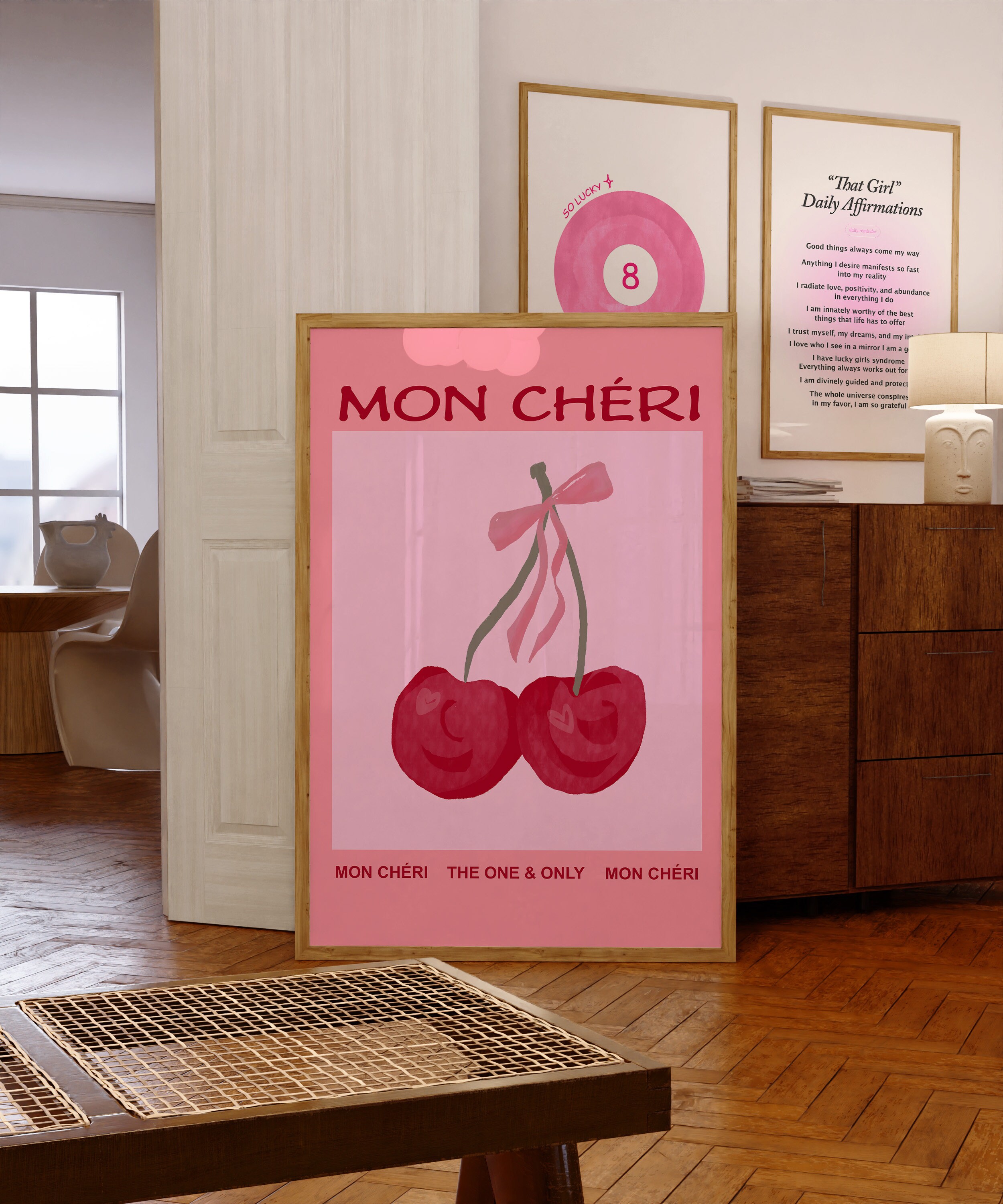 Cherry Wall Art Print, Mon Cheri Poster, Coquette Pink Bow Soft Girl ...