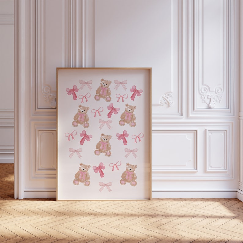 Trendy Pink Bows Cute Teddy Bears Poster, Coquette Room Decor, Bow ...