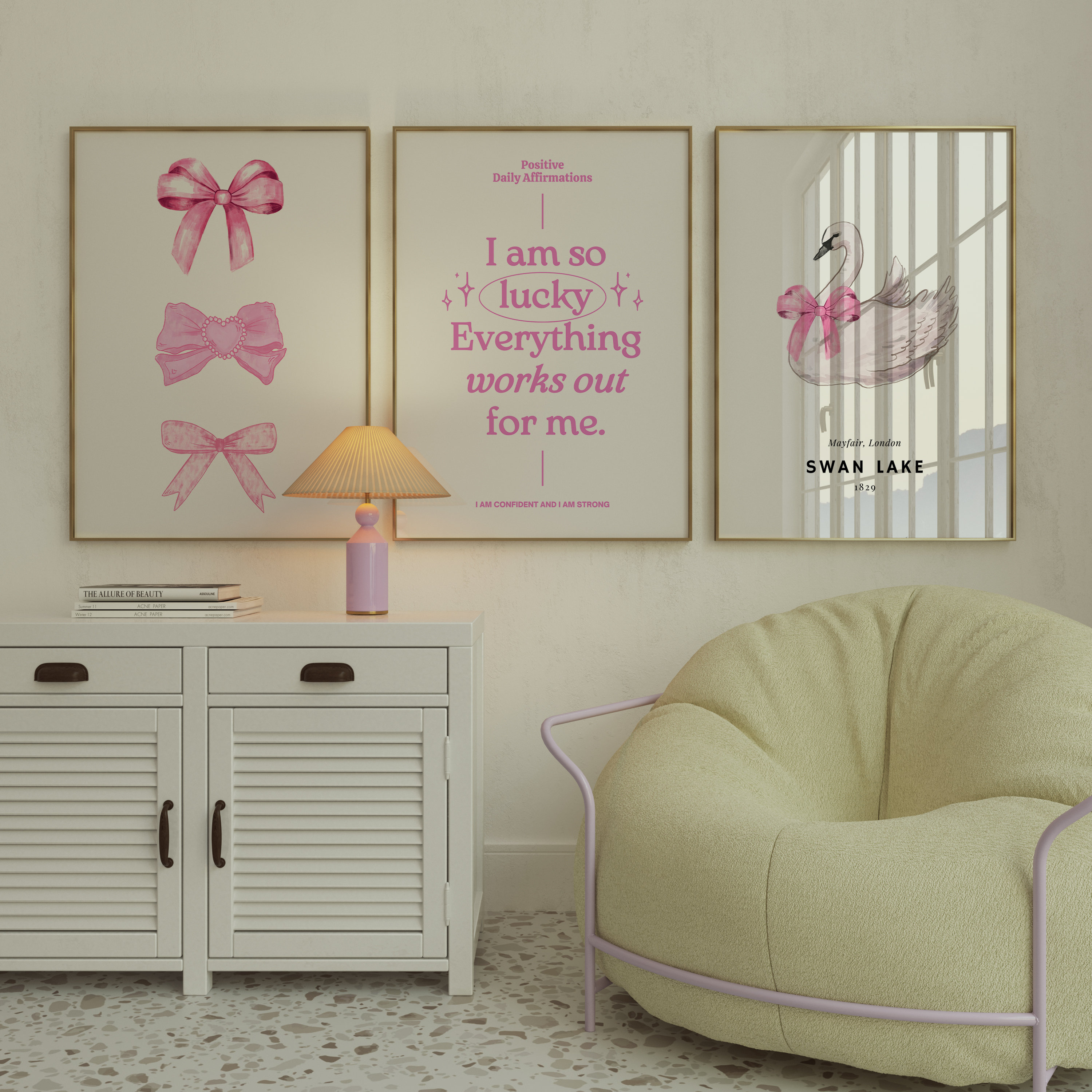 Trendy Pink Bows Wall Art Set of 3, Coquette Room Decor, Swan Coquette ...
