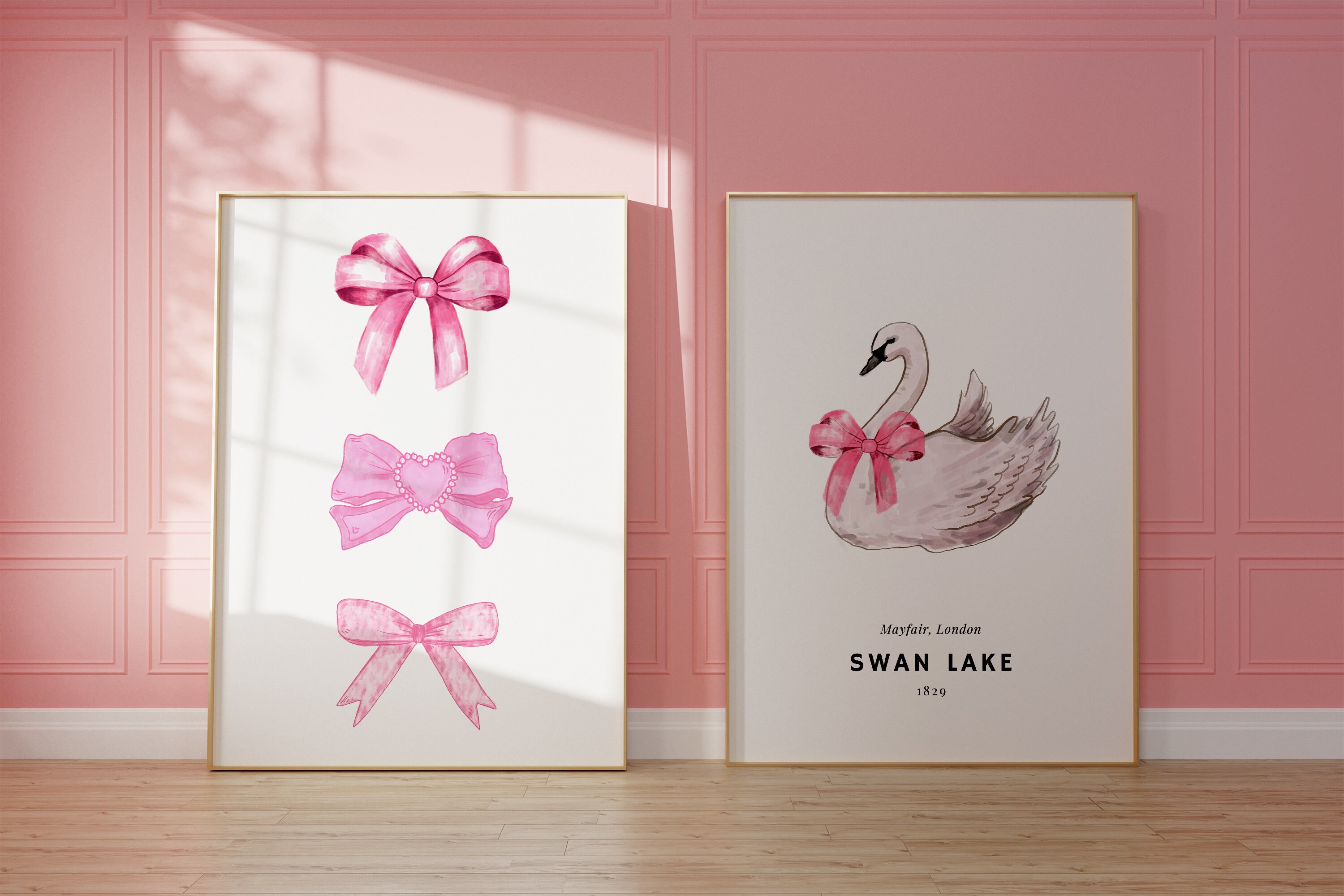 Trendy Pink Bows Swan Wall Art Set of 2, Coquette Room Decor Bows Print ...