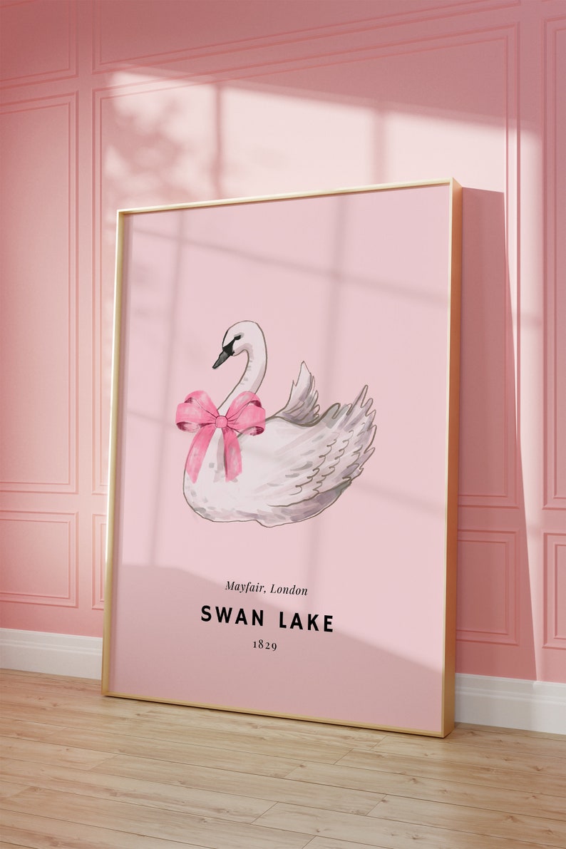 Trendy Coquette Swan With A Pink Bow Wall Art, Coquette Room Decor ...