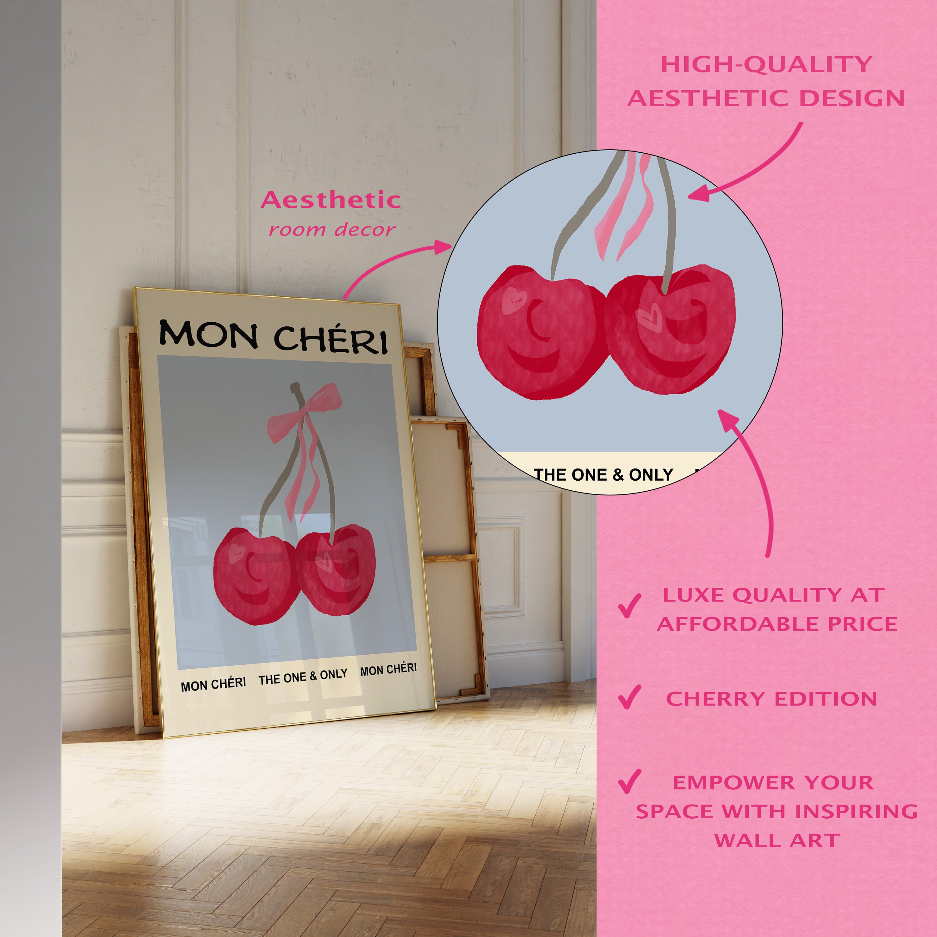 Cherry Wall Art Print, Mon Cheri Poster, Coquette Pink Bow Soft Girl ...