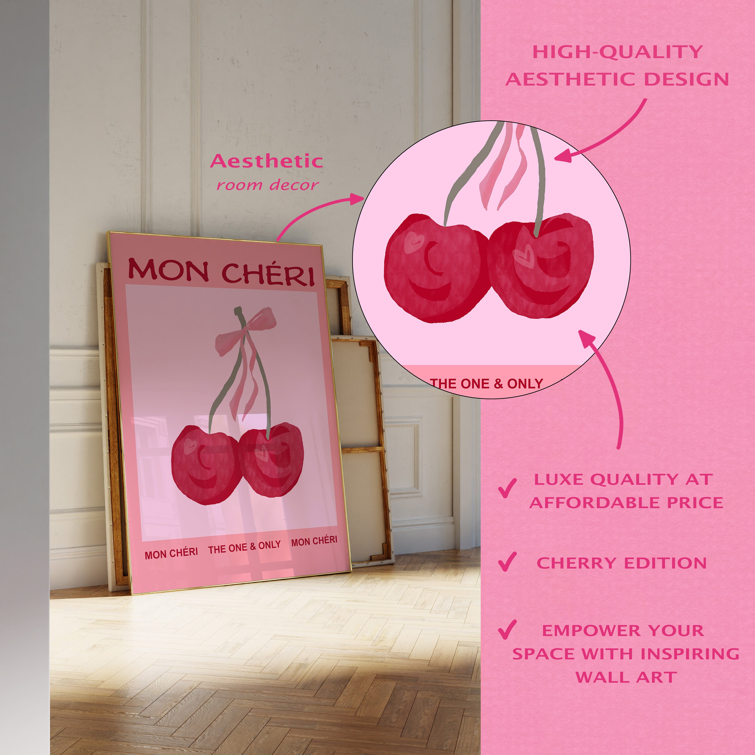 Cherry Wall Art Print, Mon Cheri Poster, Coquette Pink Bow Soft Girl ...